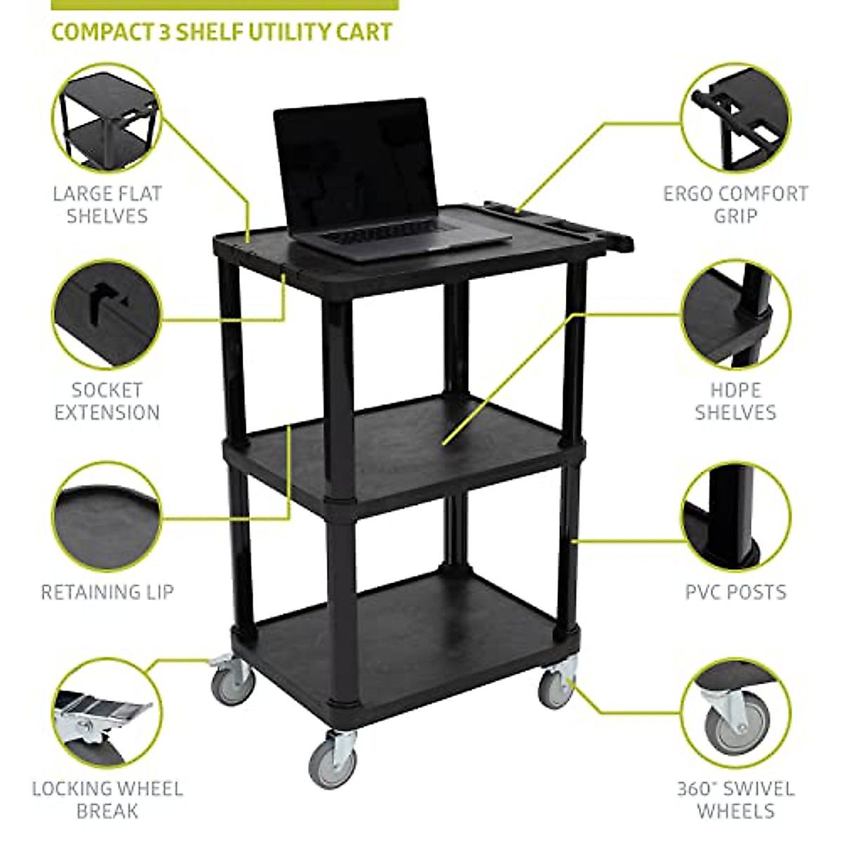Pearington 3-Tier Compact Multi-Purpose Utility Cart with Lockable Wheels and Ergonomic Handle, Black