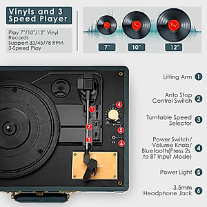Asmuse Record Player 3-Speed Belt Drive Turntable for Vinyl Bluetooth Record Player with Built-in Stereo Speakers and RCA Output Yellow Wood Finish