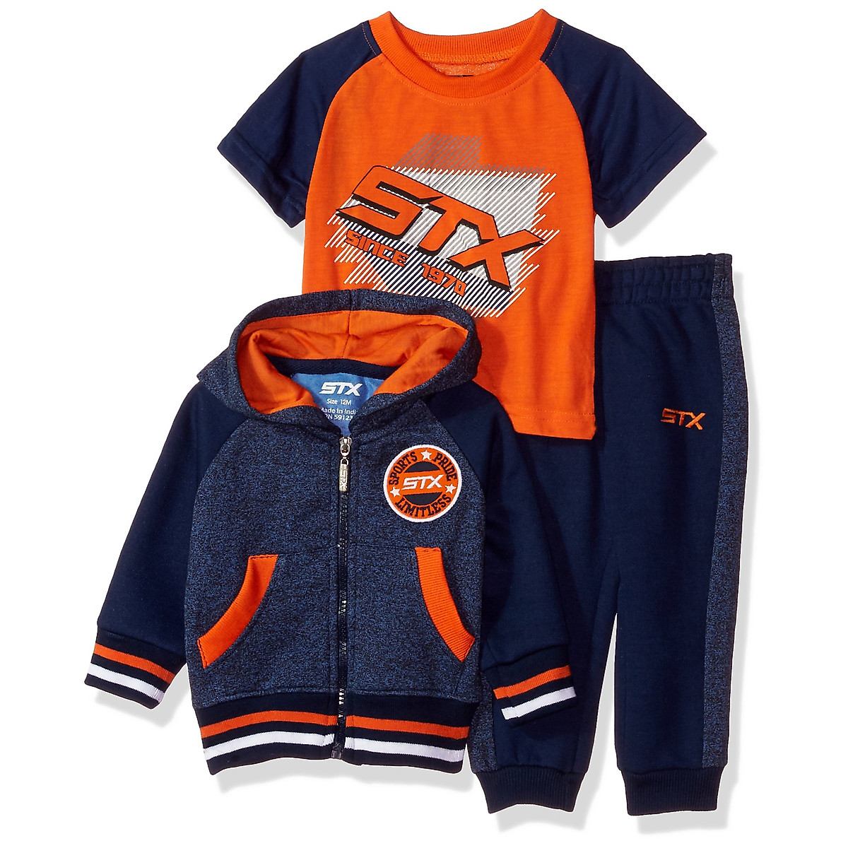 STX Baby Boys 3 Piece Hoodie, Tee, and Jogger Set, SK04-Navy, 18 Months