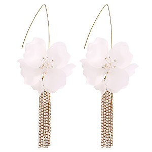 Xerling Boho Flower Petal Dangle Drop Earrings Gold Rhinestone Tassel Chain Fringe Acrylic Resin Floral Earrings for Party Wedding Crystal Statement Bridal Hoop Earrings (White)
