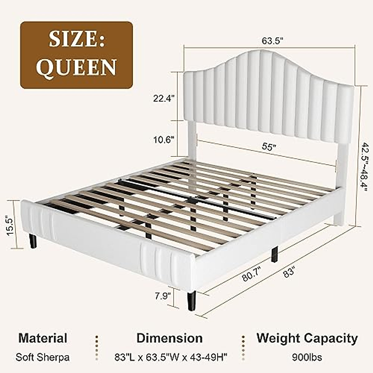 HUEOFGP Queen Size Bed Frame with Upholstered Fabric Adjustable Headboard, Platform Bed Frame with Wooden Slats Support, No Box Spring Needed, Easy Assembly, Modern, White