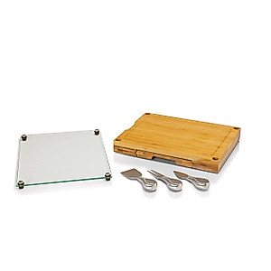 TOSCANA - a Picnic Time brand Concerto Glass Top Cheese and Knife Set - Charcuterie Set - Glass Top Cutting Board, (Bamboo)