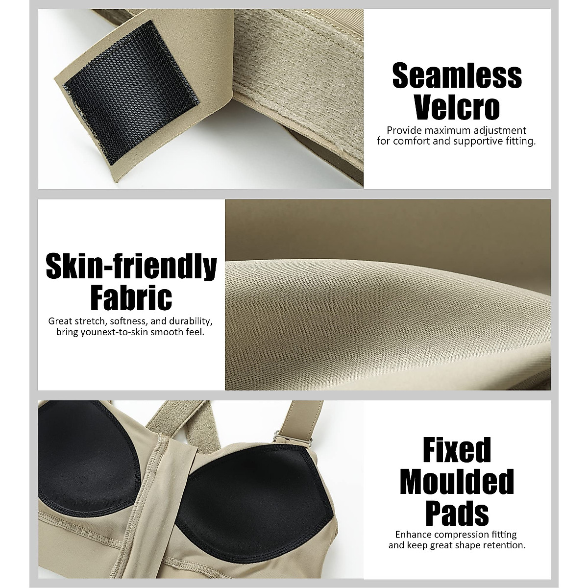 TECOX Zip Front Adjustable Sports Bras for Women High Impact Support Post Surgery Compression Bra with Adjustable Straps Front Zipper Cross Back Wireless Padded Running Workout Sports Bra Grey