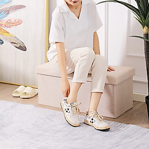 CUYOCA Storage Ottoman Bench Foldable Seat Footrest Shoe Bench End of Bed Storage, 80L Storage Space, 30 inches Linen Fabric Cream