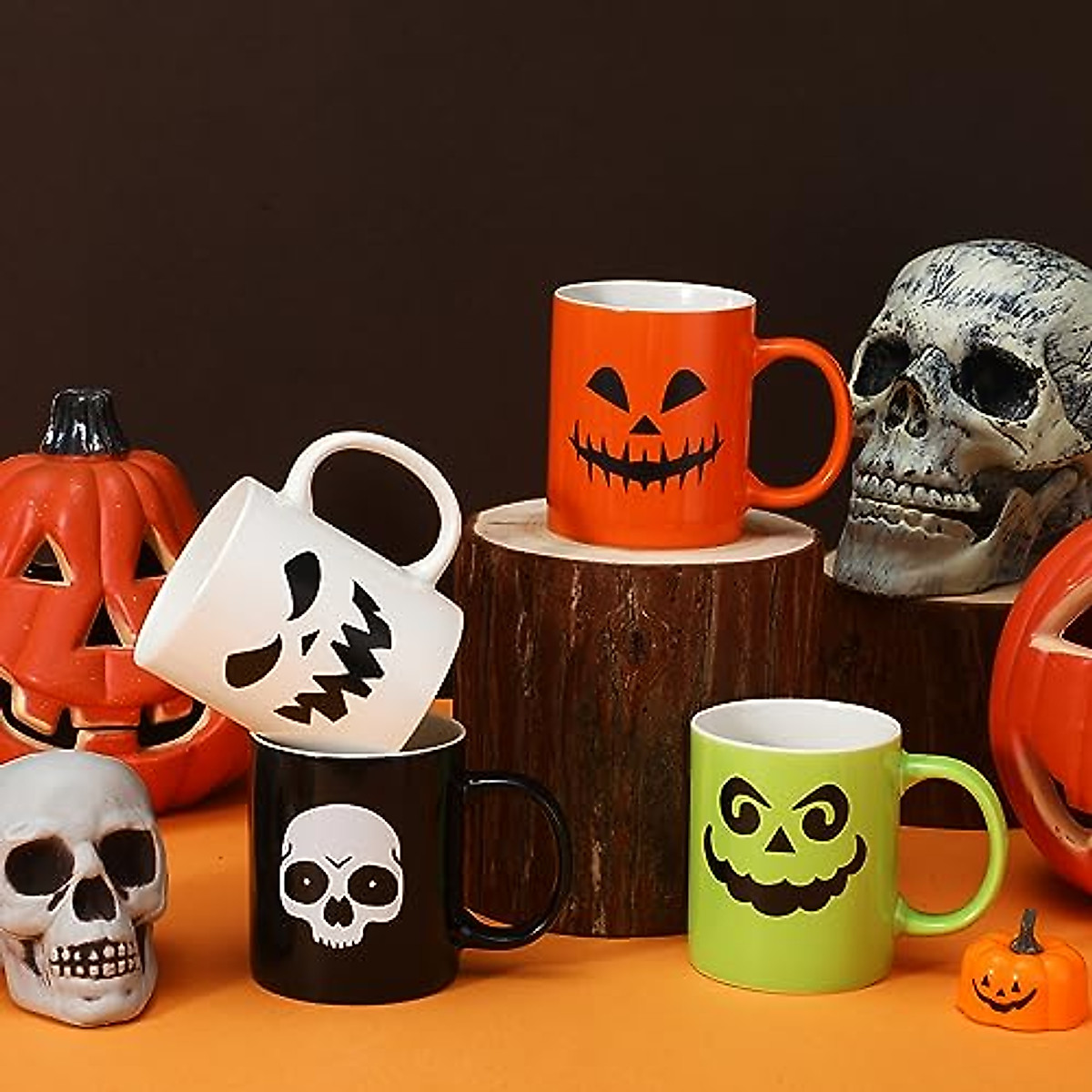 Zhehao 4 Pieces Halloween Mugs 15oz Mug Set Halloween Coffee Mugs with Handle Halloween Ceramic Matching Mugs for Home School Office Table Centerpieces Housewarming Holiday Party Gift (Scary Style)