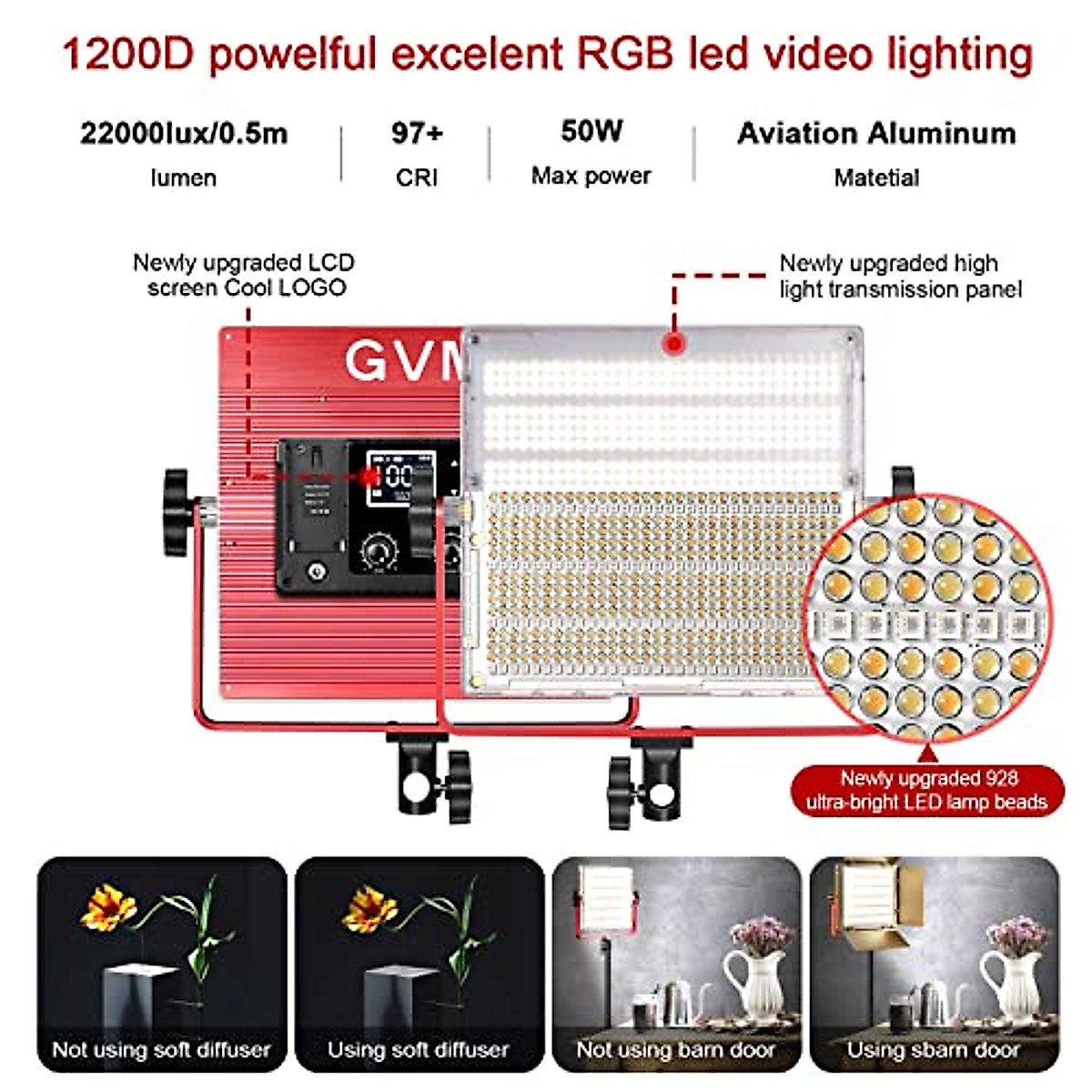 GVM 1200D PRO RGB LED Video Light with 3 Softboxes,50W Video Lighting Kit, 360°Full Color Led Video Lighting Kit with APP Control3 Packs Video Light, 3200K-5600K, Aluminum Alloy Shell, CRI 97