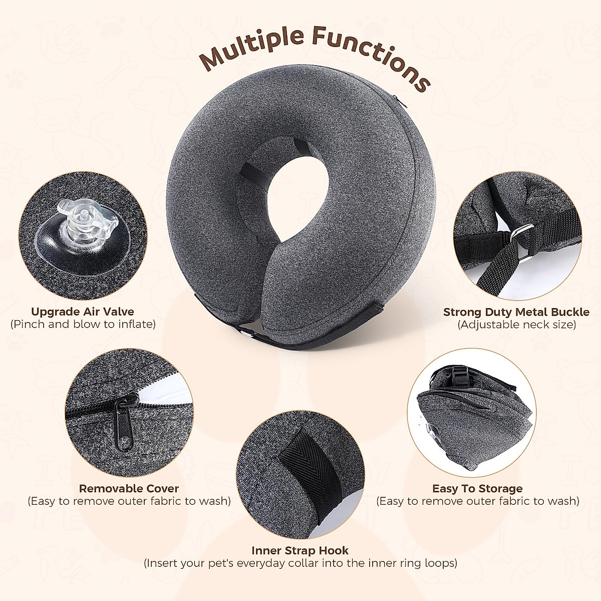 Haoion Inflatable Dog Cone Collar, Recovery Dog Cone After Surgery, Adjustable Blow up Dog Donut Collar, Pet Recovery Collar for Dogs and Cats Size M 8”-12”