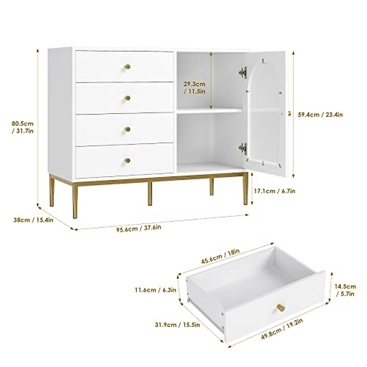 finetones White Dresser, Modern Dresser White and Gold Dresser with Waveform Glass Door and Gold Metal Legs, Gold Dresser Storage Chest of Drawers for Home