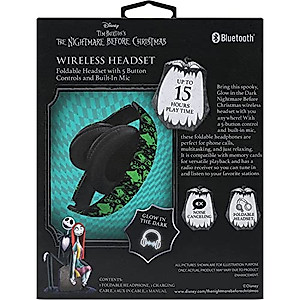 Disney Nightmare Before Christmas Glow in The Dark Bluetooth Headphones Over Ear, Wireless and Wired Foldable Headset Built-in Microphone - Tim Burton Jack Skellington & Sally - Adults Kids