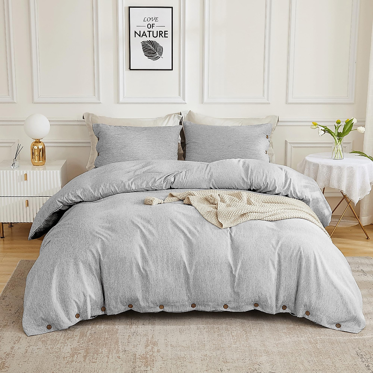 MUKKA Duvet Cover Set King Size Heather Grey Coconut Button Closure Linen Like Chambray Modern Style Elegant Soft King Duvet Cover Luxury& Breathable Covers (104 * 90 inches)