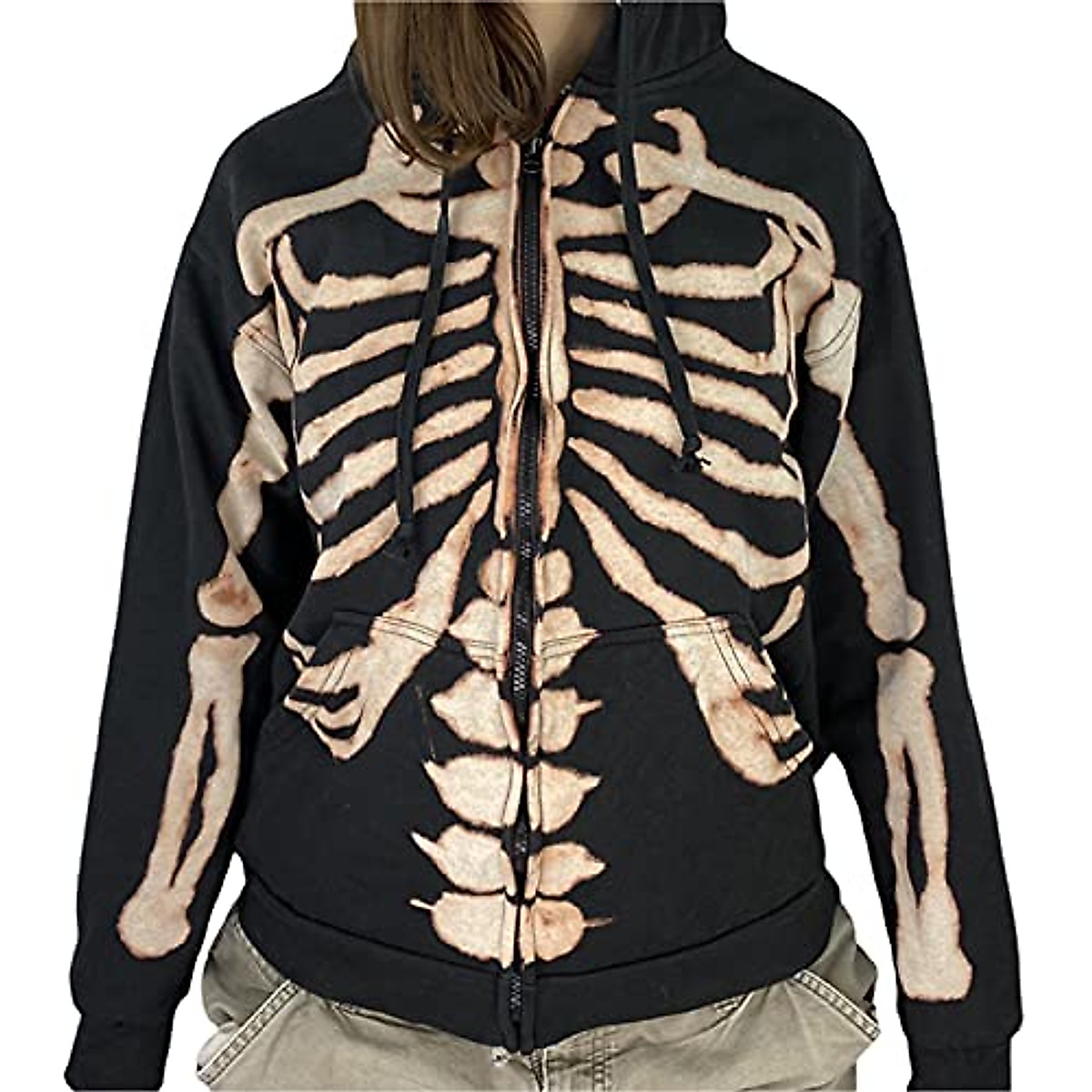 Sunwittafy Women's Oversized Zip Up Hoodies Y2k Long Sleeve Skeleton Print Hooded Sweatshirt Egirl Harajuku Jackets Coat