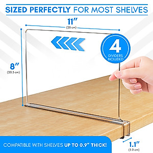 VooValley 4Pcs Clear Acrylic Shelf Dividers for Closets, Vertical Shelves - Sturdy Closet Shelf Organizer with 4 Hooks and Tape - Easy to Install Tall Shelf Separators for Bathroom, Pantry, and More