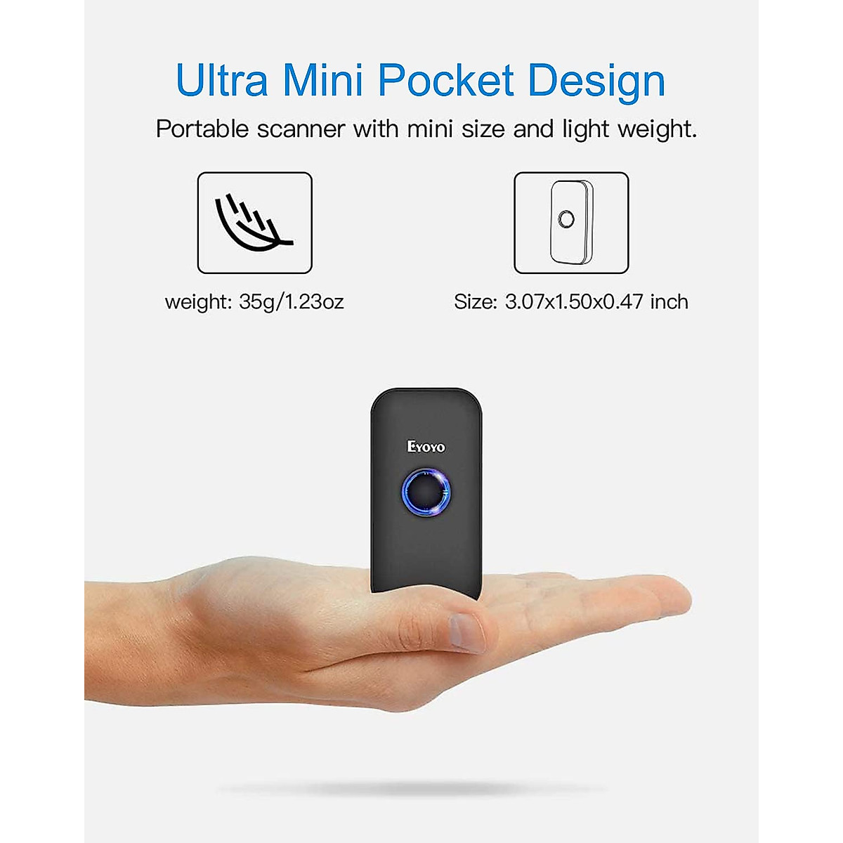 Eyoyo Mini 1D Bluetooth Barcode Scanner with Case, 3-in-1 Bluetooth & USB Wired & 2.4G Wireless Barcode Reader Portable Bar Code Scanning Work with Windows, Android, iOS, Tablets or Computers(Black)