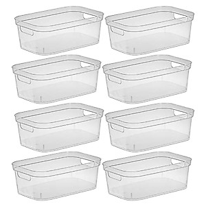 Sterilite 4.25 x 8 x 12.25 Inch Small Modern Storage Bin with Comfortable Carry Through Handles for Household Organization, Clear (8 Pack)