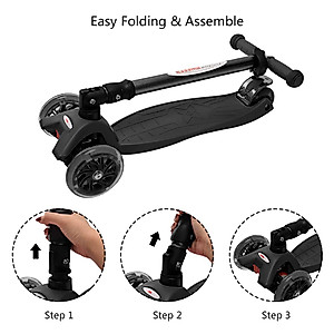 ChromeWheels Scooters for Kids, Deluxe Kick Scooter Foldable 4 Adjustable Height 132lbs Weight Limit 3 Wheel, Lean to Steer LED Light Up Wheels, Best Gifts for Girls Boys Age 3-12 Year Old, Black
