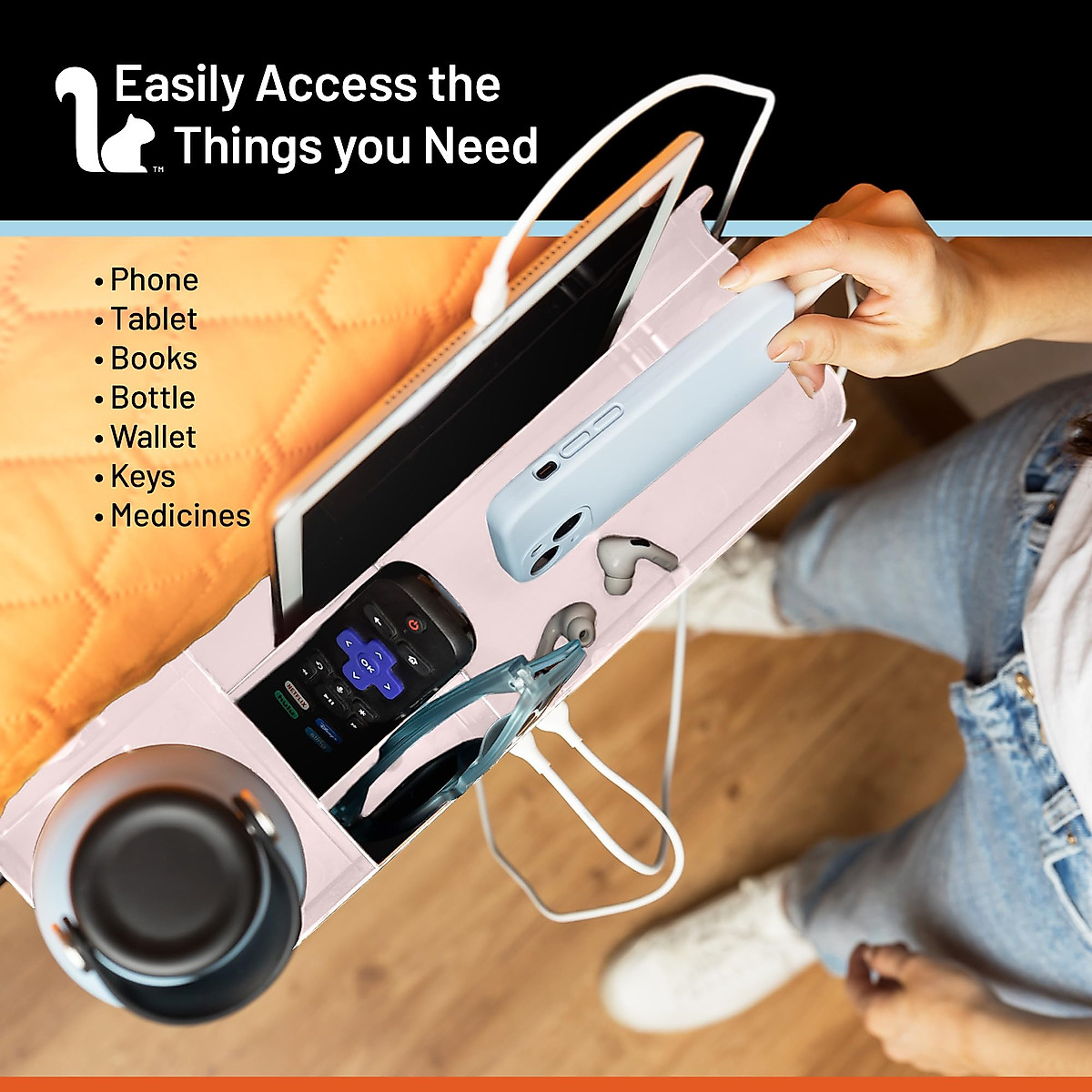 Squirrel-Bedside Perch for College Dorm Room Lofted Bed, Floating Organizer with USB-C & A Charging Ports, Small Spaces, Bed Side Caddy & Nightstand, Device & Bottle Holder, Dorm Essential, Pink