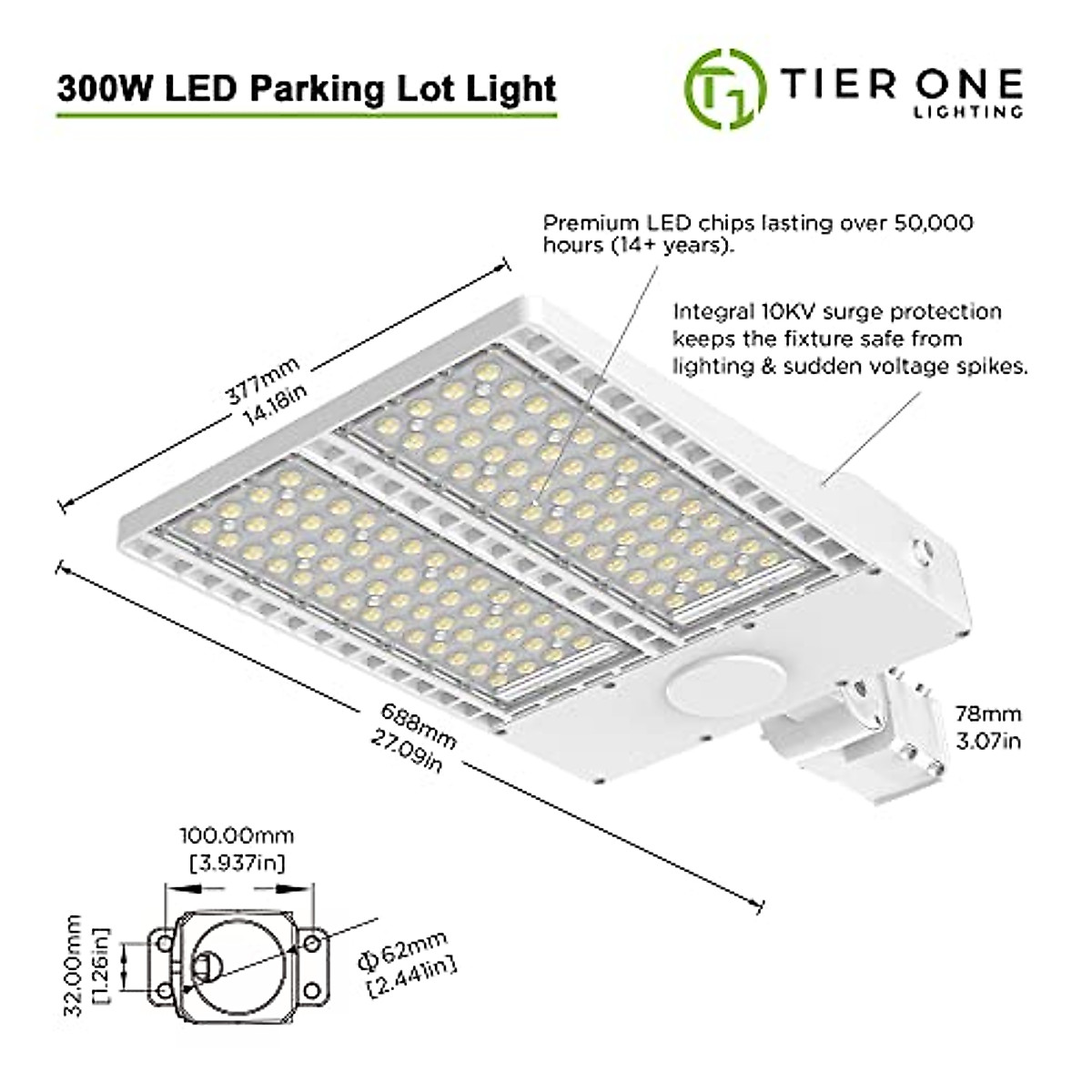 300W LED Parking Lot Light with Dusk to Dawn Photocell Adjustable Slip Fitter Mount LED Shoebox Light for Tennis Court Parking Lot Roadways ETL Certified 0-10V Dimmable 5000K 42000LM White 1PACK