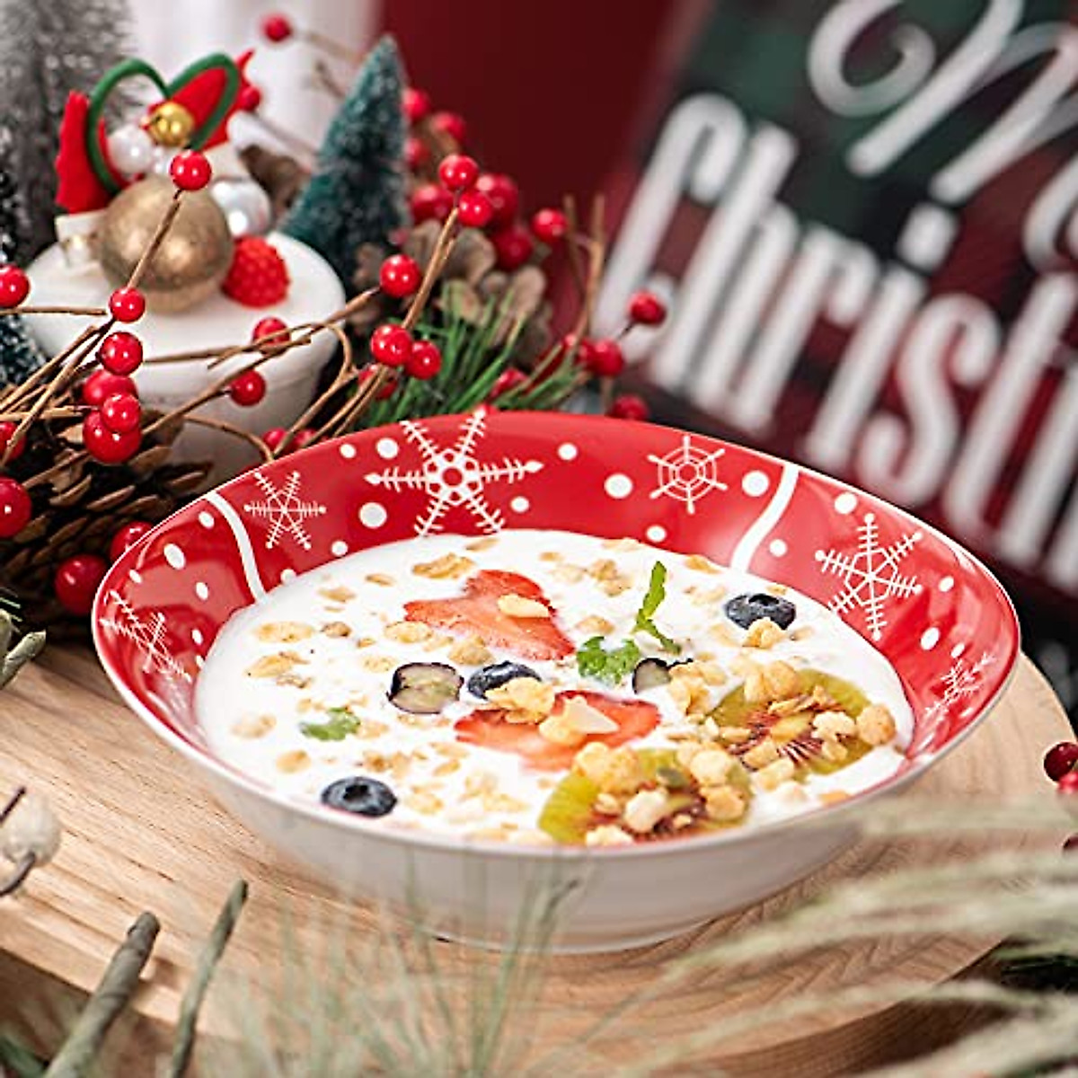 VEWEET Cereal Bowls Soup Bowl，Porcelain Bowls Set 15 OZ Breakfast Bowls, Christmas Bowls Serve for 6, Santa Claus Series