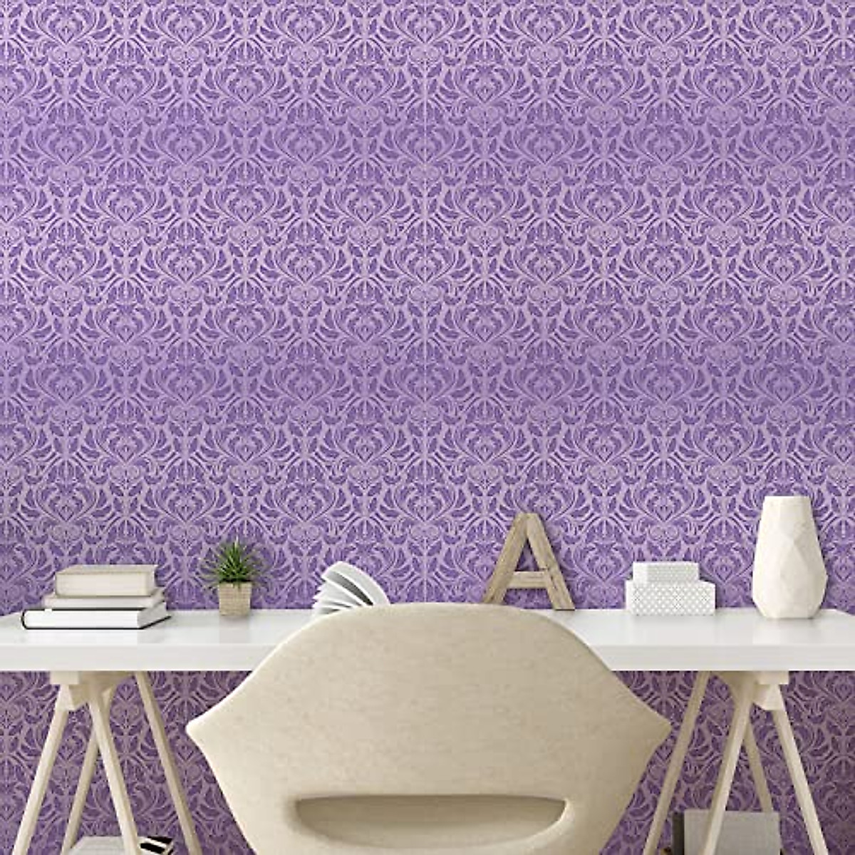 Lunarable Vintage Peel & Stick Wallpaper for Home, Western Medieval Motifs with Leafs and Curlicues Floral Damask Pattern, Self-Adhesive Living Room Kitchen Accent, 13" x 100", Lavender and Purple