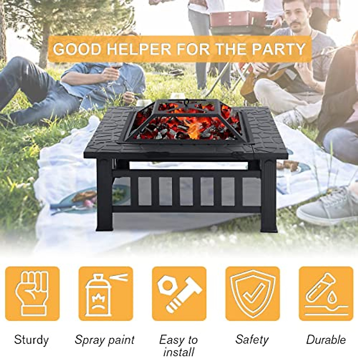 Hkeli 32 inches Fire Pit Square Metal Fire Pit Firepit Outdoor Multifunctional Fire Pit Table Wood Burning Fireplace with Spark Screen & Safety Poker for Patio Backyard Garden, black