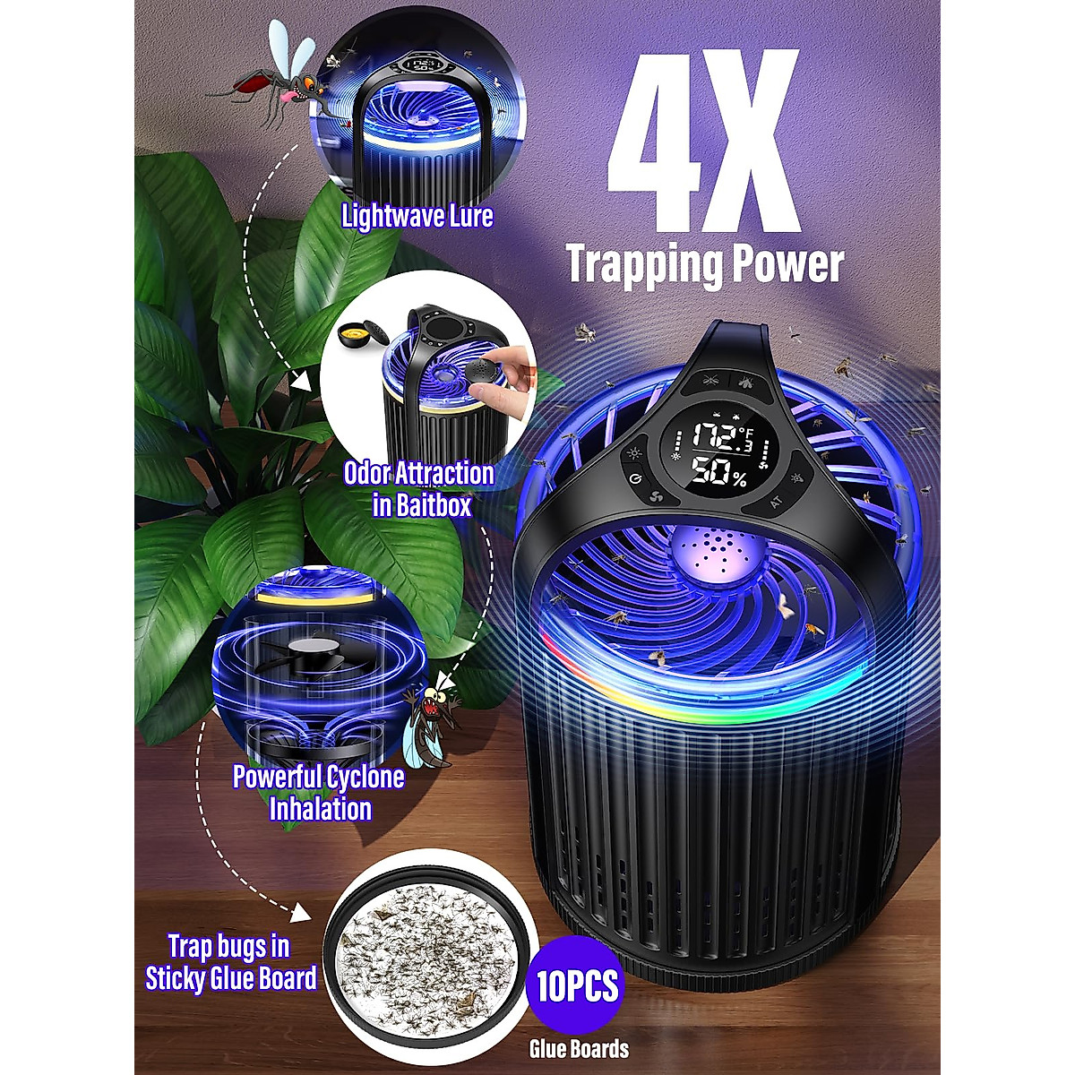 Fruit Fly Traps for Indoors, Smart Fly Trap Indoor with Temperature & Humidity Sensor, Flying Insect Trap for Plants Moths Mosquitoes Gnat Traps with Suction, Bug Lights and 10 PCS Refill - Black