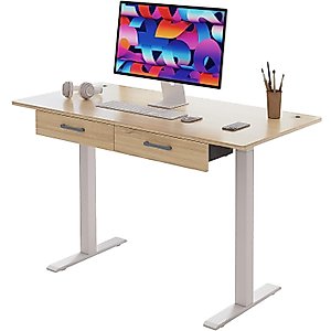 Our Modern Space 2-Drawer Height Adjustable 45" Electric Standing Desk - Upgraded Ultra Durable Home Office Large Rectangular Computer Table or Laptop Sit Stand Workstation - Maple