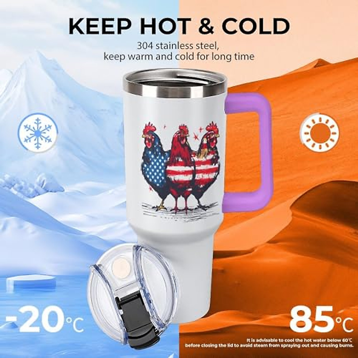 USA Flag Chicken Insulated Tumbler with Lid And Straw Stainless Steel Travel Coffee Mug 40oz Violet-style