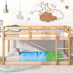 Anwick Twin Over Twin Low Bunk Bed with Stairs and Rails, Wooden Bunk Beds Frame with Safety Guardrail and Slats for Toddlers, Kids, Teens, Boys, Girls, Noise-Free (Natural)