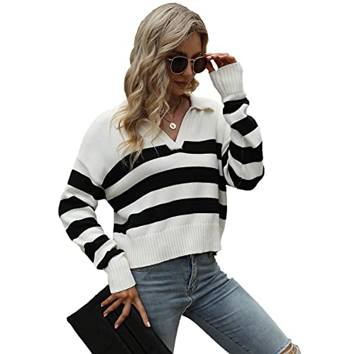 SheIn Women's Casual Long Sleeve Knit Sweater V Neck Striped Pullover Jumper Tops Black White XS