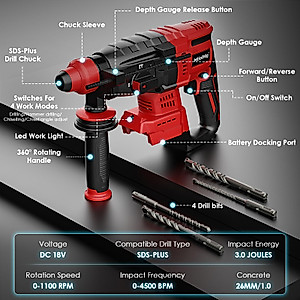 Rotary Hammer Drill For Milwaukee 18V: 1" SDS Plus Brushless Rotary Hammer - Safety Clutch 4 Application Modes Fastest Drilling For Concrete Tile Wood Wall Including 4 Drill Bits(Battery not included)
