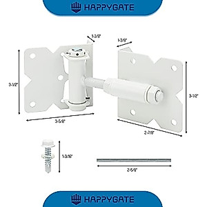 Heavy Duty Self Closing Gate Hinges Hardware Kit for Wooden Vinyl Fence 90 Degree Adjustable Gate Hinges Hardware Kit for Metal Gates with 22 Durable Screws and Swing Adjuster Tool, 2 Pack, White