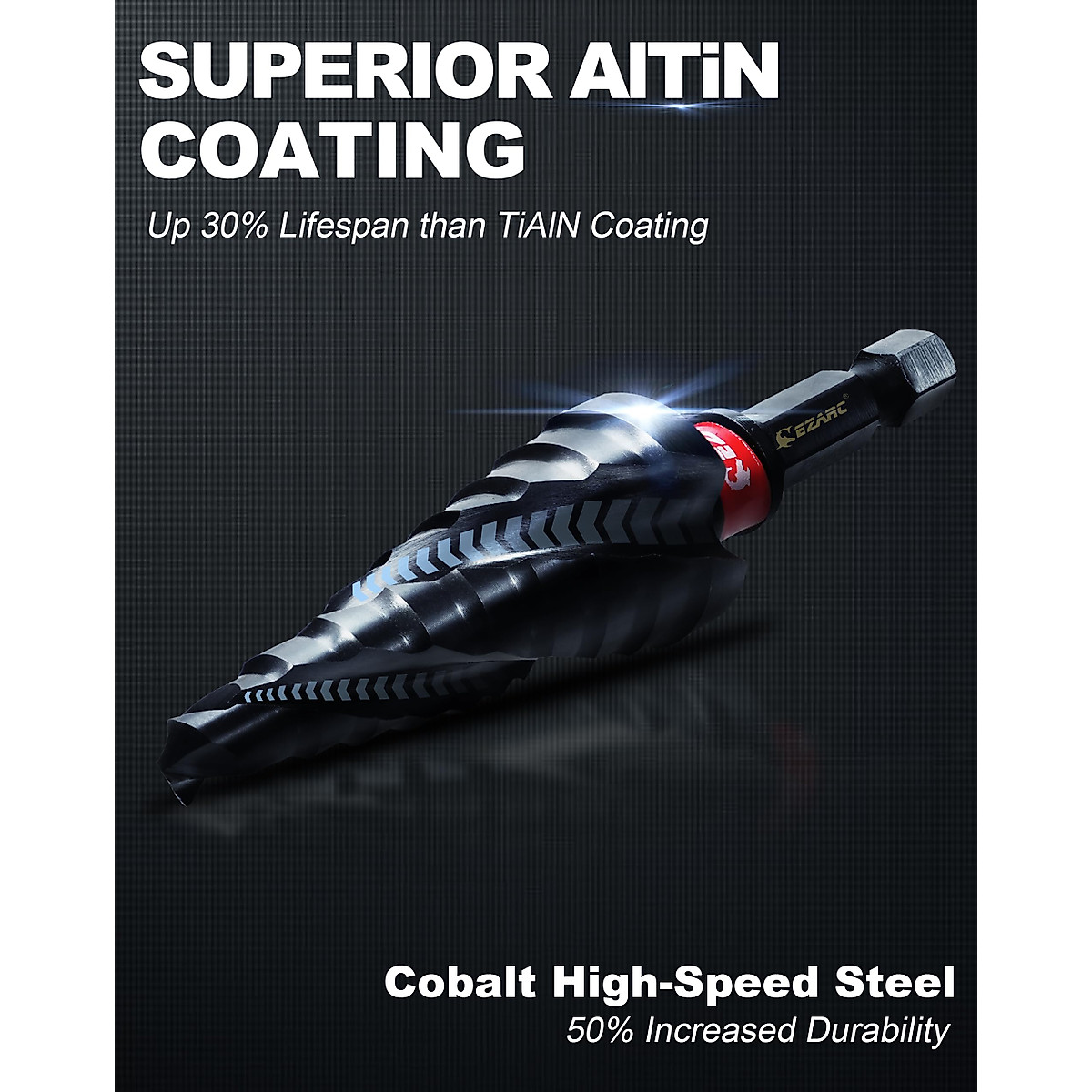 EZARC Step Drill Bit for Metal, M35 Cobalt Step Drill Spiral Flute Unibit Step Drill Bit (1/4''-3/4'') Wear-Resistant AlTiN Coated, 1/4" Hex Shank for Metal, Stainless Steel, Aluminum, Plastic