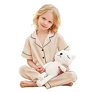 SWOMOG Kids Satin Pajamas Set 3Pcs Girls Boy Silk Pjs Set with 2 Pockets Short Sleeve Cute Button Down Sleepwear 4T-13T Champagne