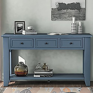 Farmhouse Modern 55 Inch Console Table Wood Sofa Entry Table with Drawers & Open Shelf for Living Room Entryway Bedroom (Blue)
