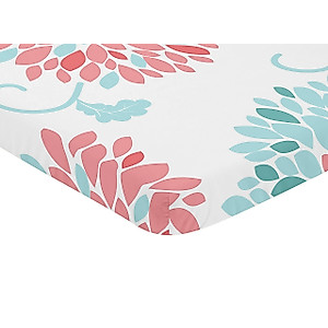 Sweet Jojo Designs Turquoise Blue and Coral Floral Baby Girl Fitted Mini Portable Crib Sheet for Emma Collection - for Mini Crib or Pack and Play ONLY