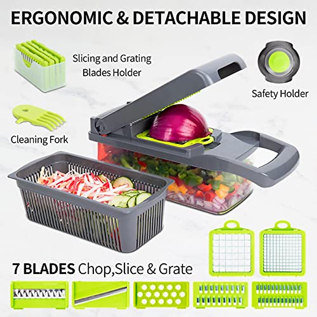 WmanCok Vegetable Chopper,12-in-1 Multifunctional Veggie Chopper,Grey Kitchen Vegetable Slicer Dicer Cutter,Potato Onion Food Chopper with Vegetable Peeler,Hand Guard and Container