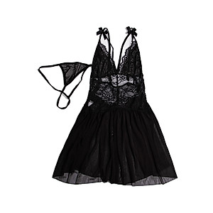 Hilinker Women's Floral Lace V Neck Lingerie Sleeveless Side Slit Nightwear Babydoll Chemise Sleepwear Black E Medium