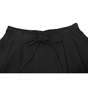 ebossy Women's Summer Drawstring Elastic Waist Cotton Linen Utility Beach Palazzo Pants Pockets (XL, Black)