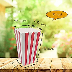 36 Pcs Popcorn Boxes, Mini Paper Popcorn Box, Container for Movie Night Decorations, White and Red Stripes