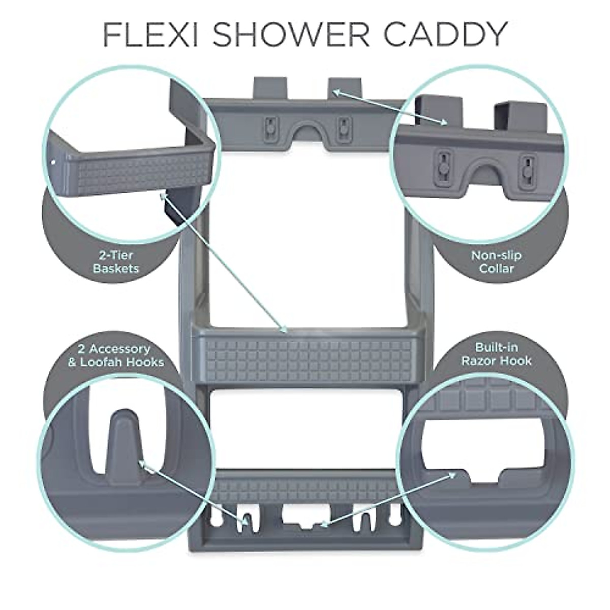 Bath Bliss Multi Hanging Option Shower Caddy | Over the Showerhead | Adhesive Backing | Screw Mount | Organizer | Large Shampoo & Conditioner Bottle Holders | Razor & Loofah Hooks | Grey