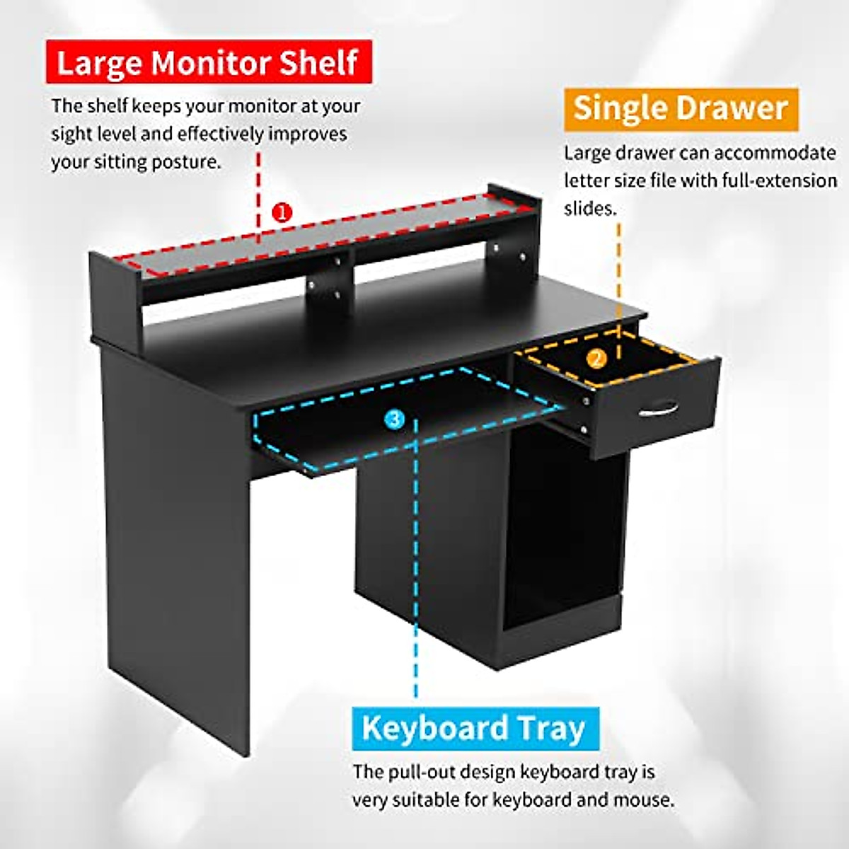 BLKMTY Computer Desk with Drawers for Home Office Desk with Keyboard Tray 43" Study Desks for Teens Wood Executive Desk with Monitor Stand Large Desktop Surface Writing Table Workstation, Black