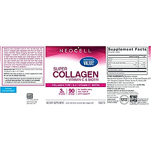 NeoCell Super Collagen Peptides + Vitamin C & Biotin, 3g Collagen Per Serving, Gluten Free, Promotes Healthy Hair, Beautiful Skin, and Nail Support, Dietary Supplement, 270 Tablets
