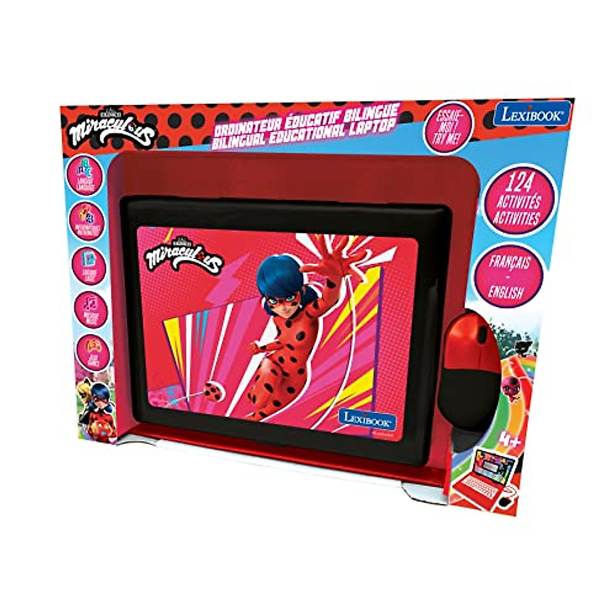 LEXiBOOK Miraculous - Educational and Bilingual Laptop English/Spanish - Toy for Child Kid (Boys & Girls) 124 Activities, Learn Play Games and Music with Ladybug - Red/Black JC598MIi2