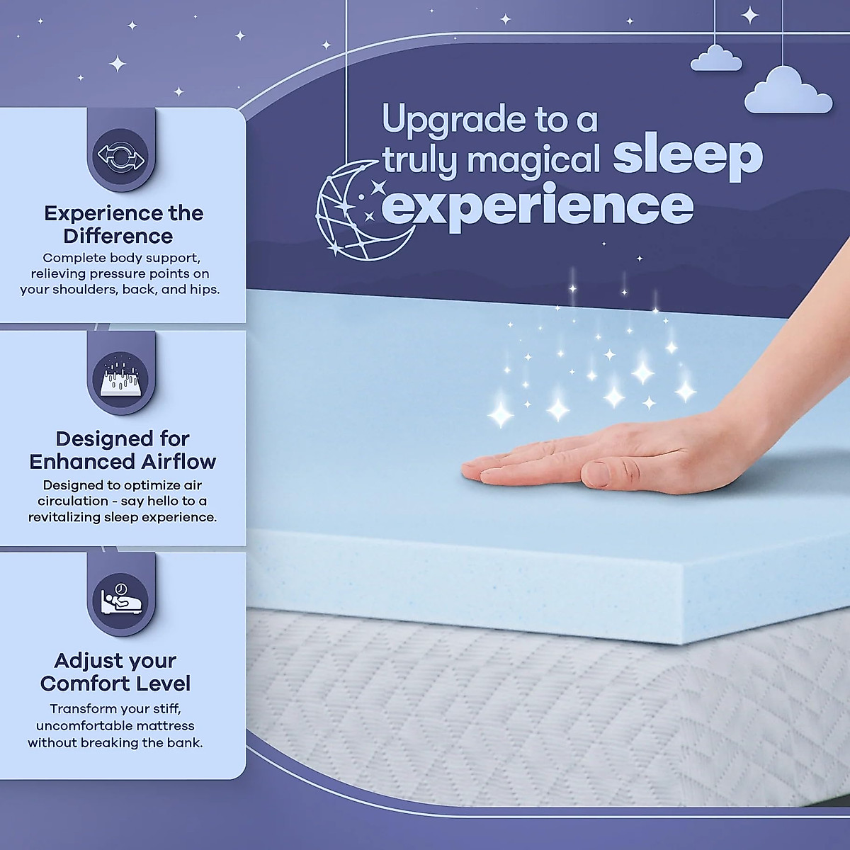Celestial Sleep Memory Foam Mattress Topper, Cool Gel Infused, CertiPUR-US, 2 inch Medium Soft - King