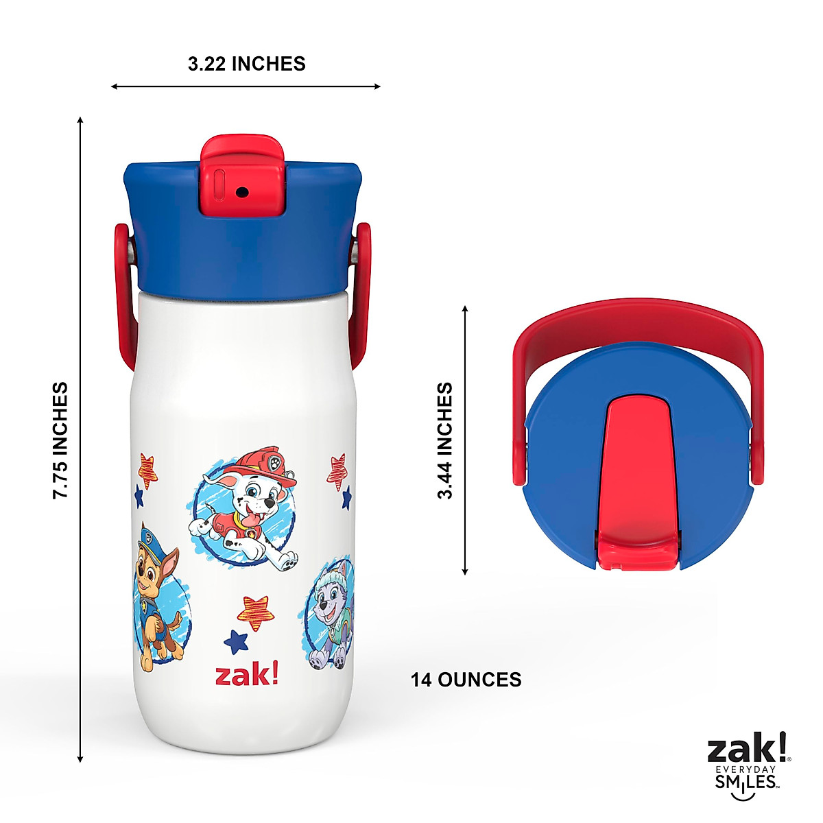 Zak Designs Harmony PAW Patrol Kid Water Bottle for Travel or At Home, 14oz Recycled Stainless Steel is Leak-Proof When Closed and Vacuum Insulated (Chase, Marshall, Skye, Rubble, Everest, Zuma)