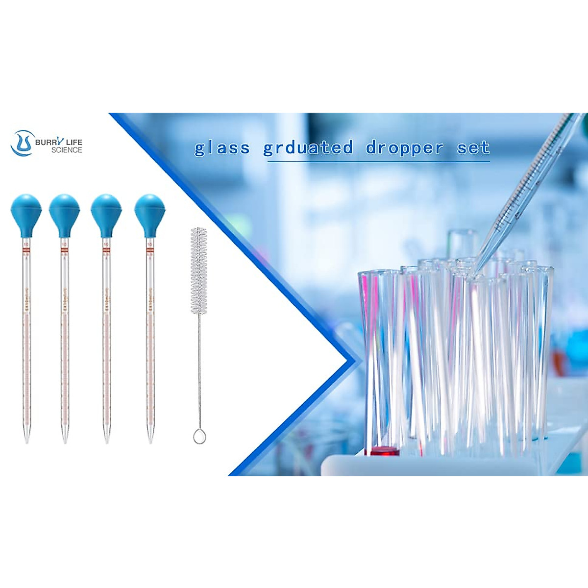 10ML Glass Graduated Droppers Pipettes Dropping Pipettes Fluid and Liquid Pipettors with Big Rubber Caps 4 Pcs