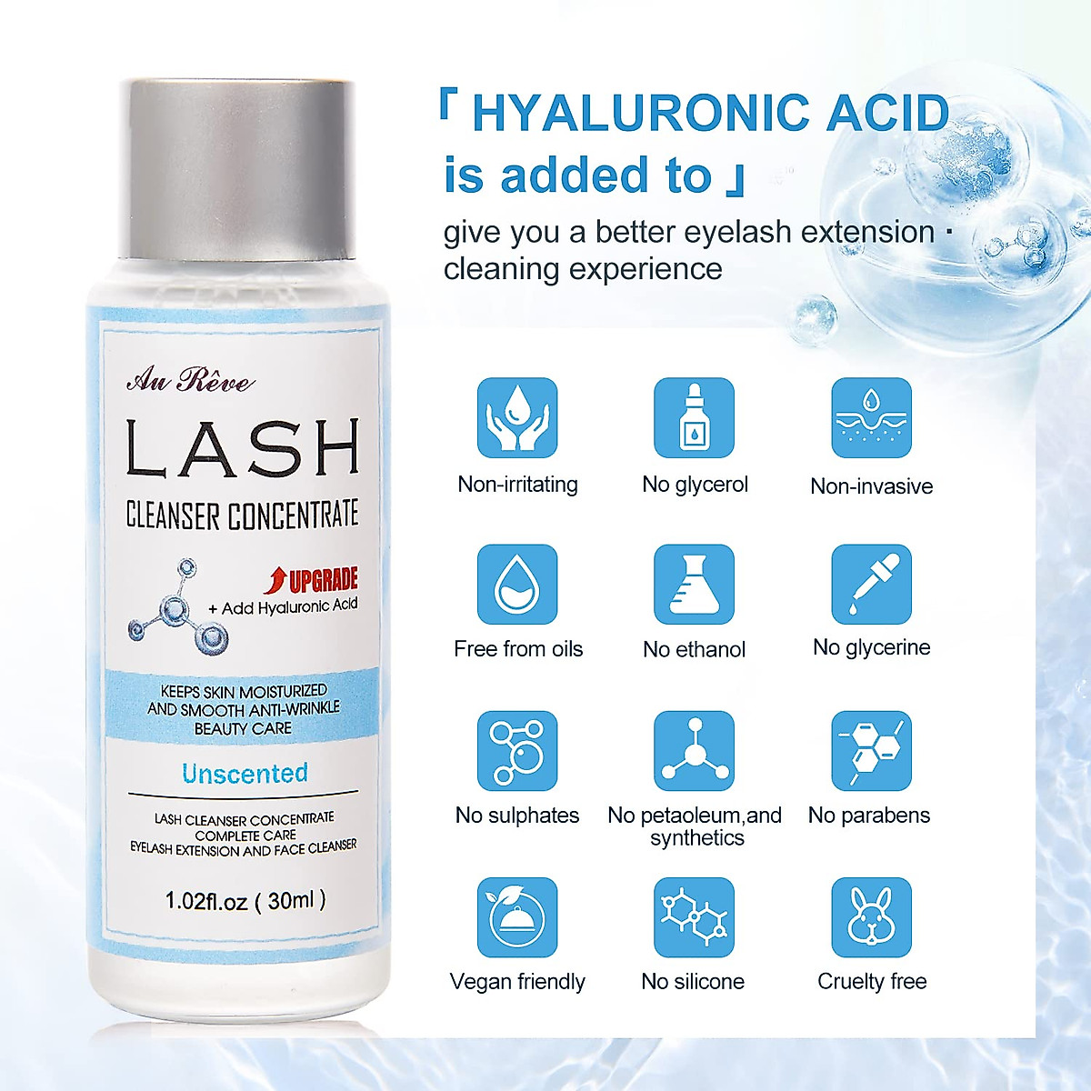 AuReve Lash Shampoo Concentrate 30ml Lash Cleanser Concentrate Add Hyaluronic Acid Oil-Free Lash Extension Shampoo Perfect for Salon，Unscented