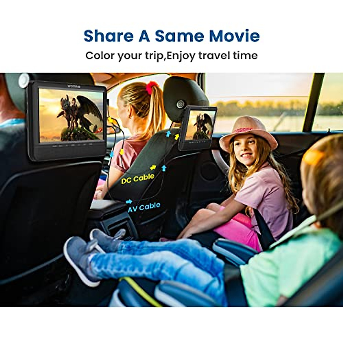 WONNIE 10.5'' Car DVD Player Dual Portable DVD Players for Headrest with 5 Hours Rechargeable Battery, Two Mounting Brackets, Support USB/SD/Sync TV,Last Memory, AV Out & in ( 1 Player+1 Monitor )