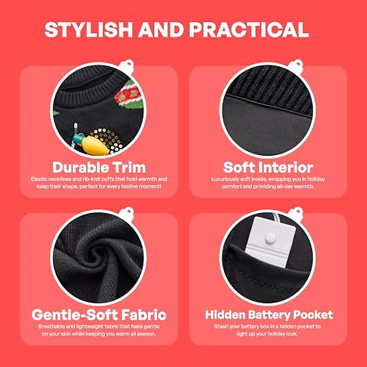 JOYIN Womens LED Light Up String Light Ugly Christmas Sweater Built-in Light Bulbs (X-Large, Black)