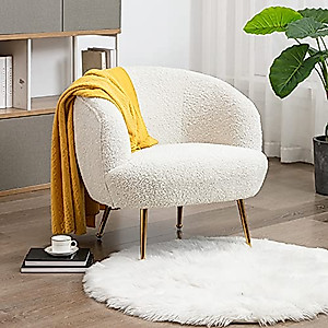 DUOMAY Modern Accent Chair Armchair Sherpa Upholstered Barrel Chair with Golden Legs Comfy Lounge Chair Single Sofa Armchair Club Chair for Living Room Bedroom Office,White